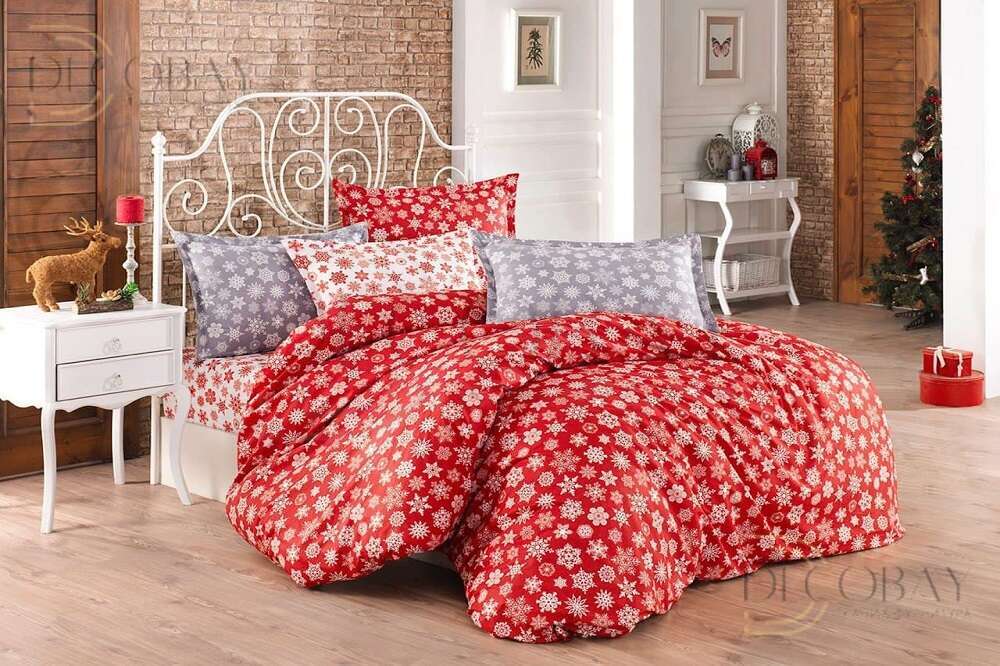 УЦЕНКА Ранфорс (поплин LUX) 240 см, красные снежинки на белом фоне - купить в интернет-магазине ...